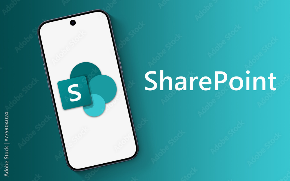 Microsoft Sharepoint logo is displayed on a smartphone, white lettering ...