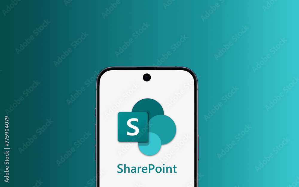 Microsoft Sharepoint logo is displayed on a smartphone, cyan gradient ...