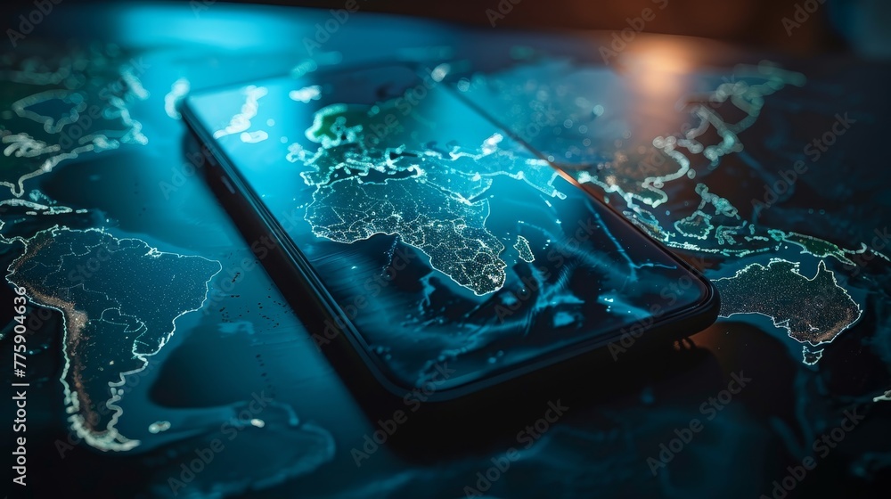 A cell phone is on a table with a map of the world behind it. The phone ...