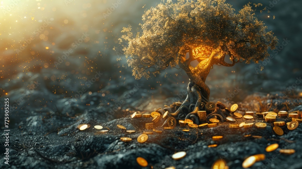 A tree with gold coins scattered around it. Scene is mysterious and ...