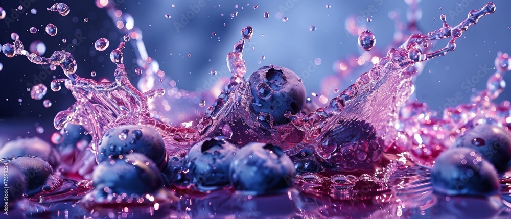 Blueberry explosion in super wide angle, vivid liquid splash, surreal ...