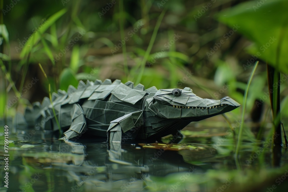 Drifting through a realistic mangrove swamp, an origami crocodile lurks ...