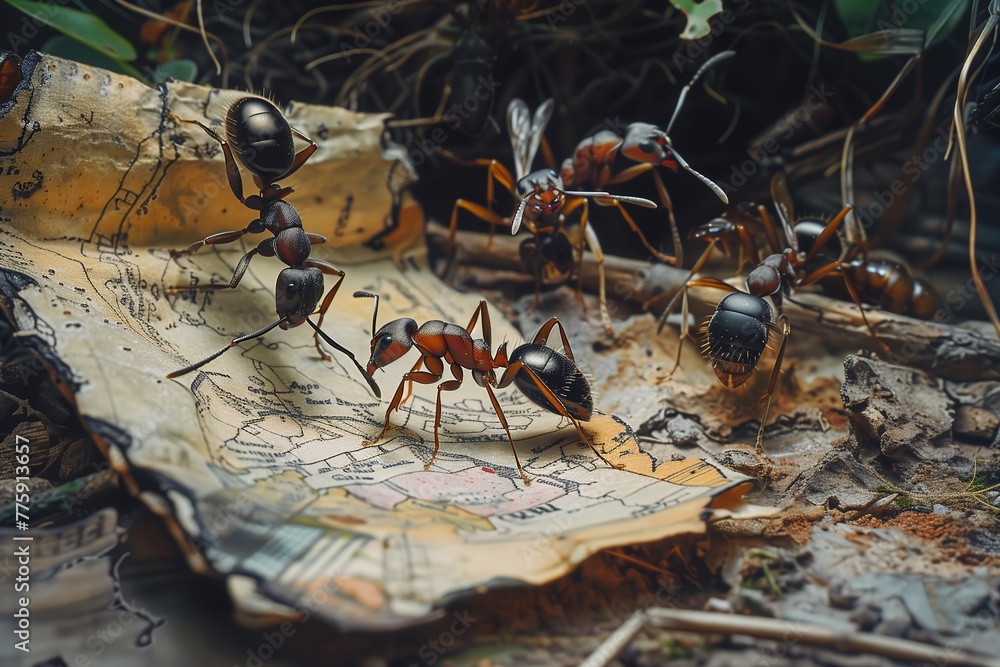 ants exploring a tattered map in a forest environment Stock Photo ...