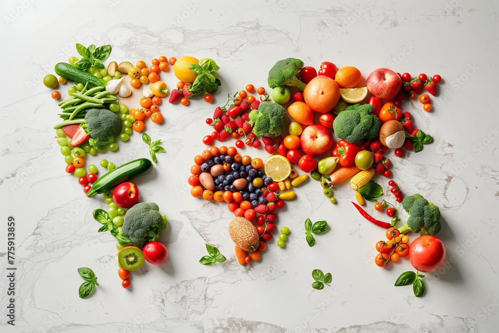 World map made of various fruits and vegetables. Healthy lifestyle and ...