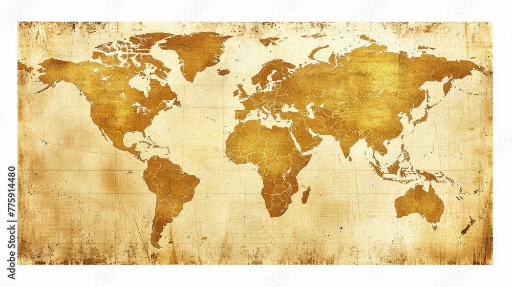 A vintage-inspired golden world map, rendered with an antique touch ...