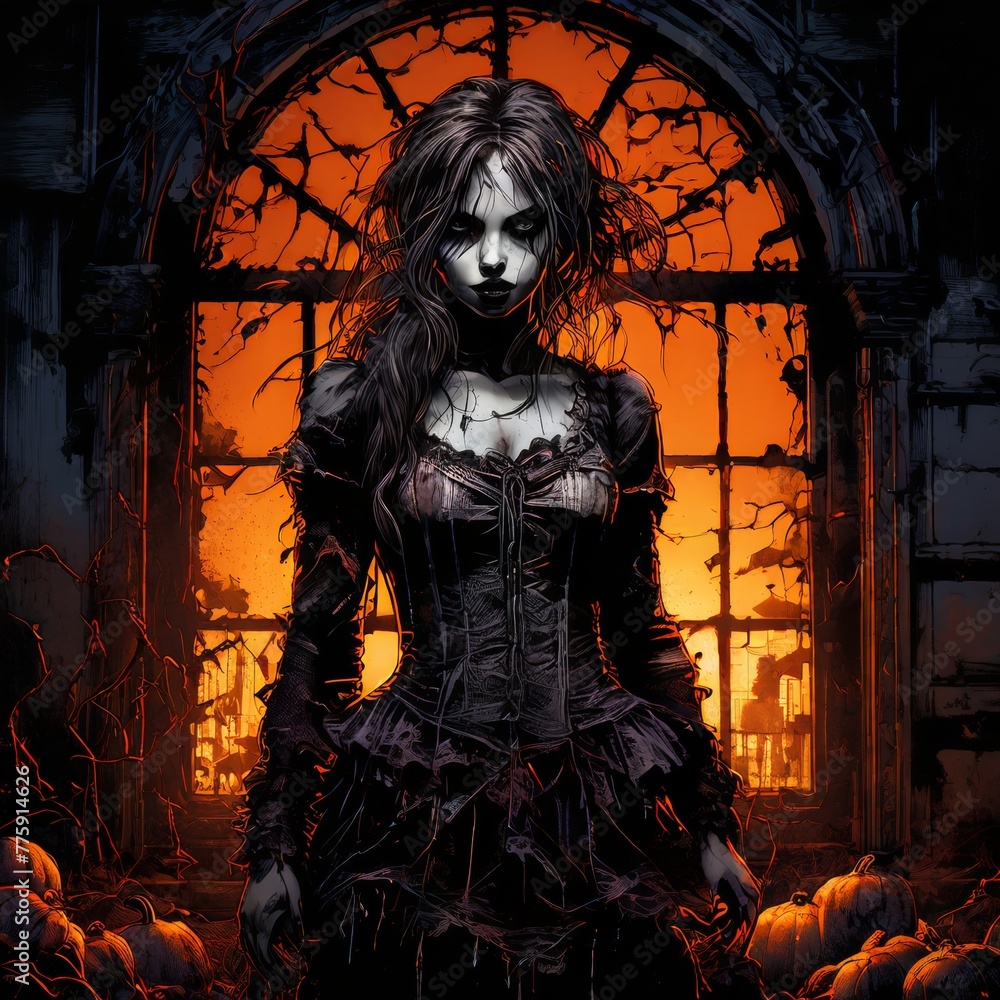 Illustration, girl central in composition, embodying Halloween horror ...
