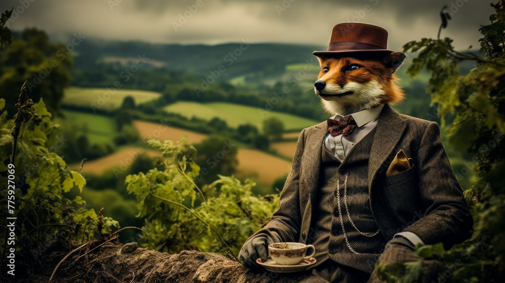 Picture a dapper fox in a tailored tweed suit, complete with a bowler ...
