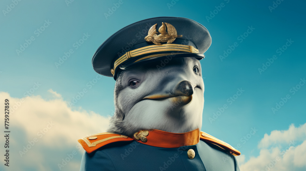 VImagine a debonair dolphin in a tailored sailor's uniform ...