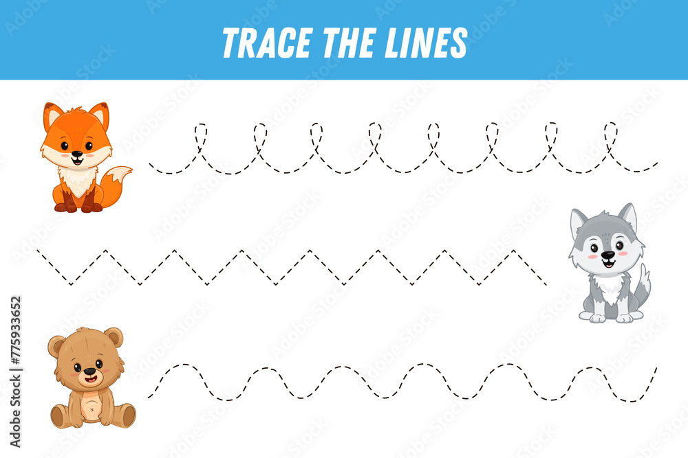 Tracing lines for kids. Cute cartoon animals: fox, wolf, teddy bear ...