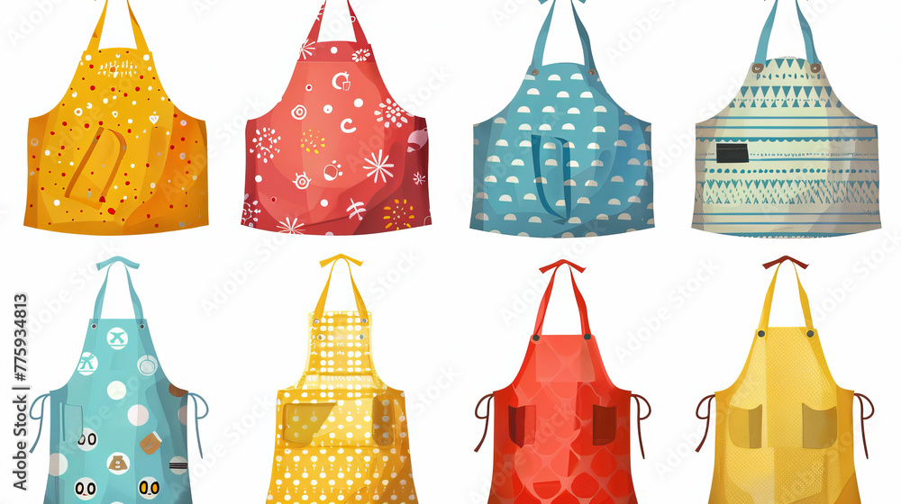 A collection of colorful kitchen aprons adorned with various patterns ...