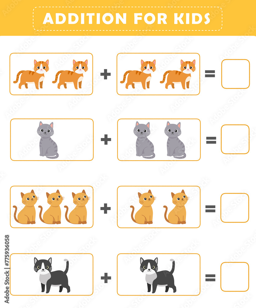 Preschool addition worksheet with cute cat illustration. Math ...