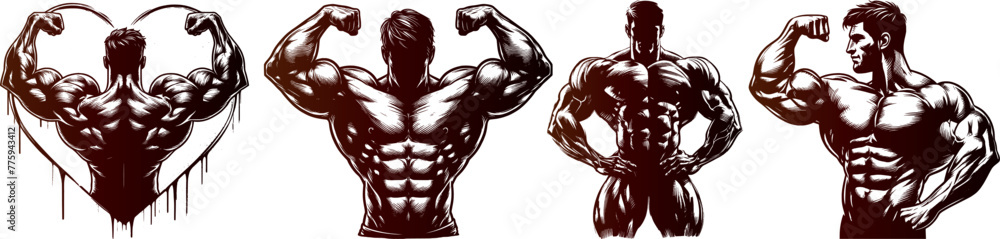 Gym bodybuilder Set Engraving Pen and Ink Vector Illustration Stock ...