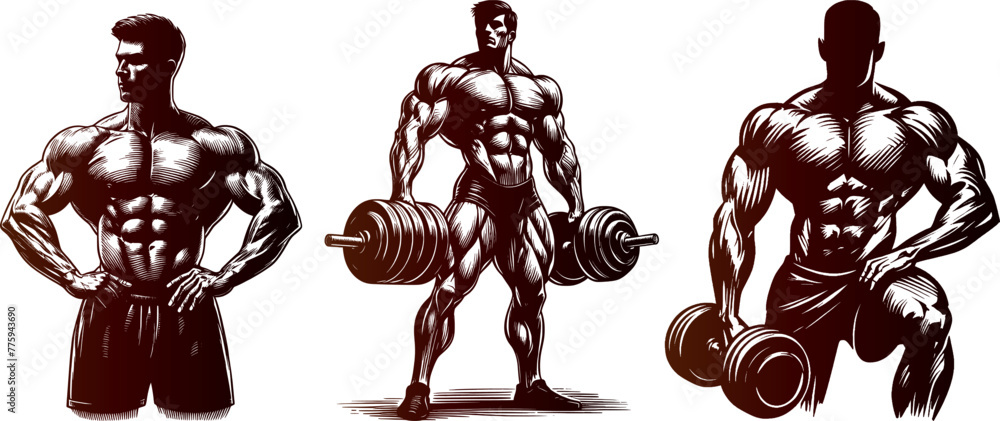 Gym bodybuilder Set Engraving Pen and Ink Vector Illustration Stock ...