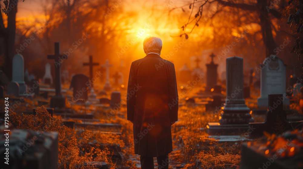 Sad old man in the cemetery Towards the departure of his wife Stock ...