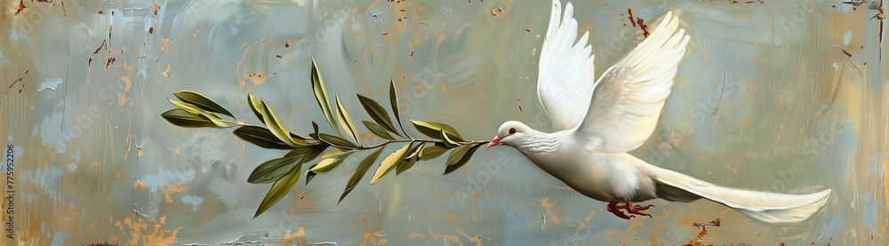 Digital art painting of a flying peace dove holding an olive tree ...