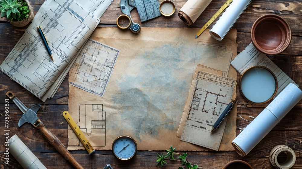 Blueprints and construction materials arranged on a table, representing ...