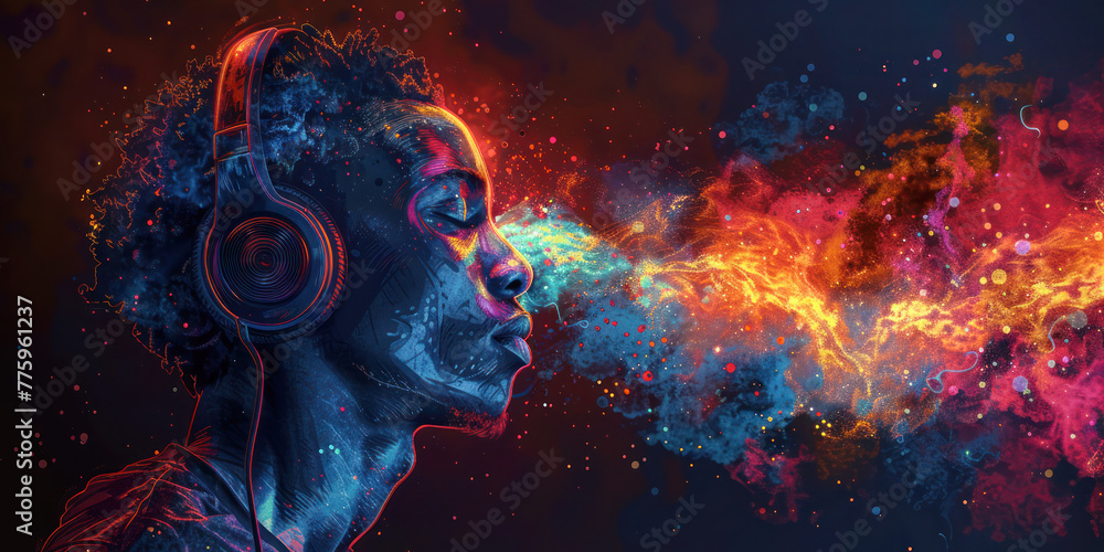 Music Vibes: Neon Beat Flow. A portrait of a man lost in music, with ...