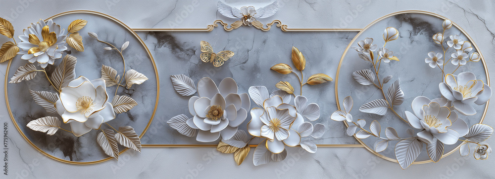 3 panel wall art, marble background flowers designs, wall decoration ...