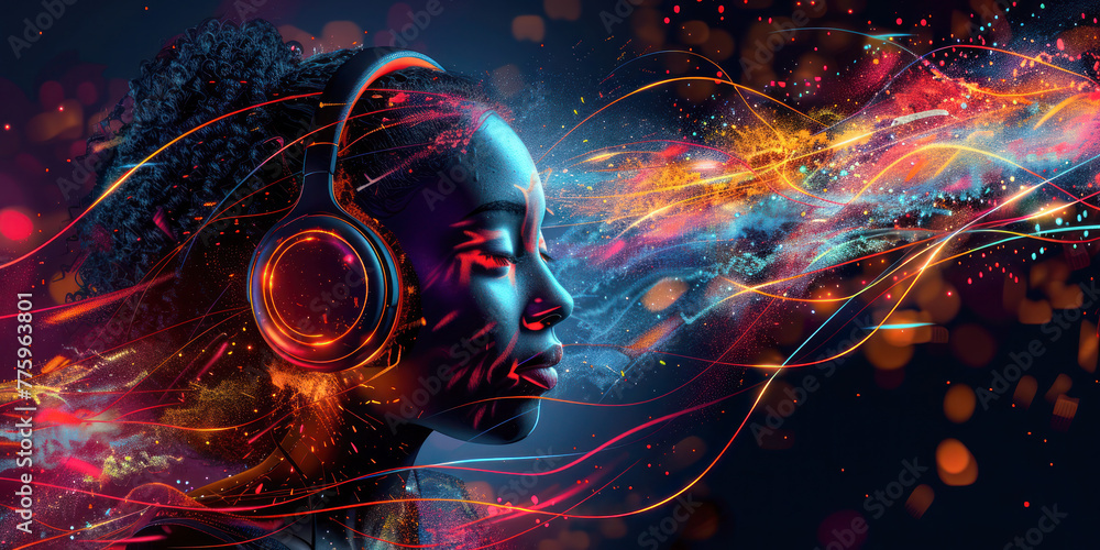 Music Vibes: Neon Beat Flow. A portrait of a woman lost in music, with ...
