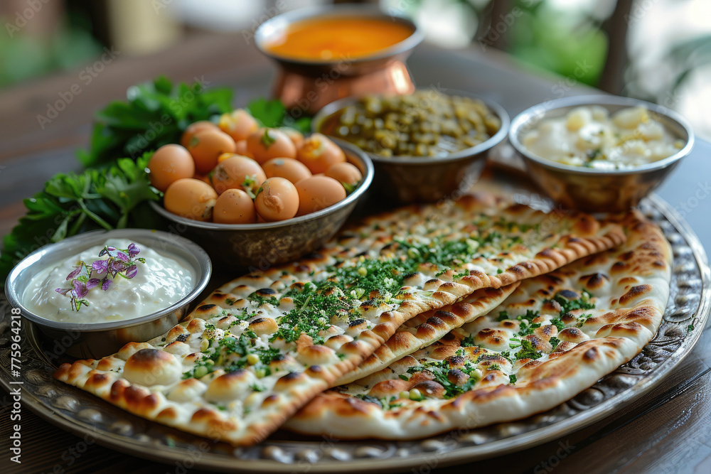 Matzah, Passover Seder plate (keara) with symbolic foods: Maror,Haroset ...
