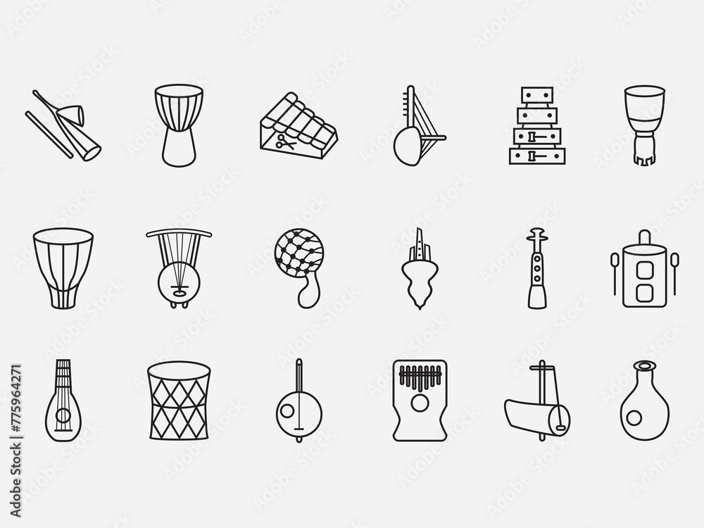 set of african traditional musical instrument outline icon design ...
