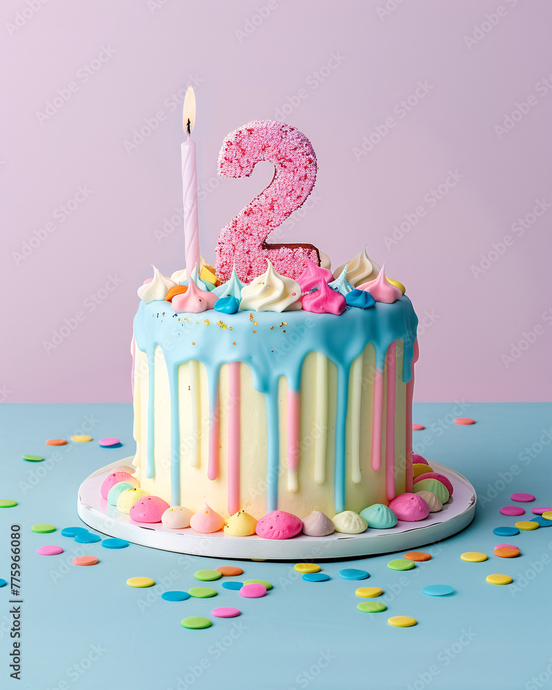Colorful birthday cake with a lit candle and a pink ‘2’ topper ...