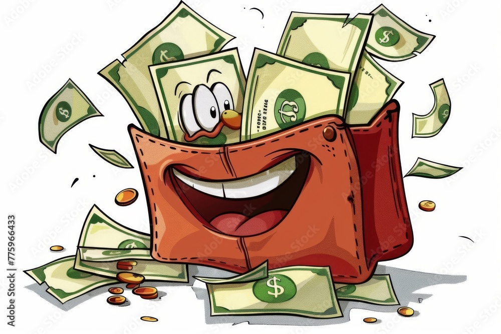 Cartoon illustration of a cheerful, overflowing wallet with dollar ...