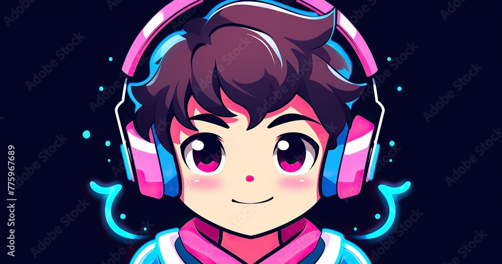logo of cute anime lofi boy like lofi boy with pop art design, neon ...