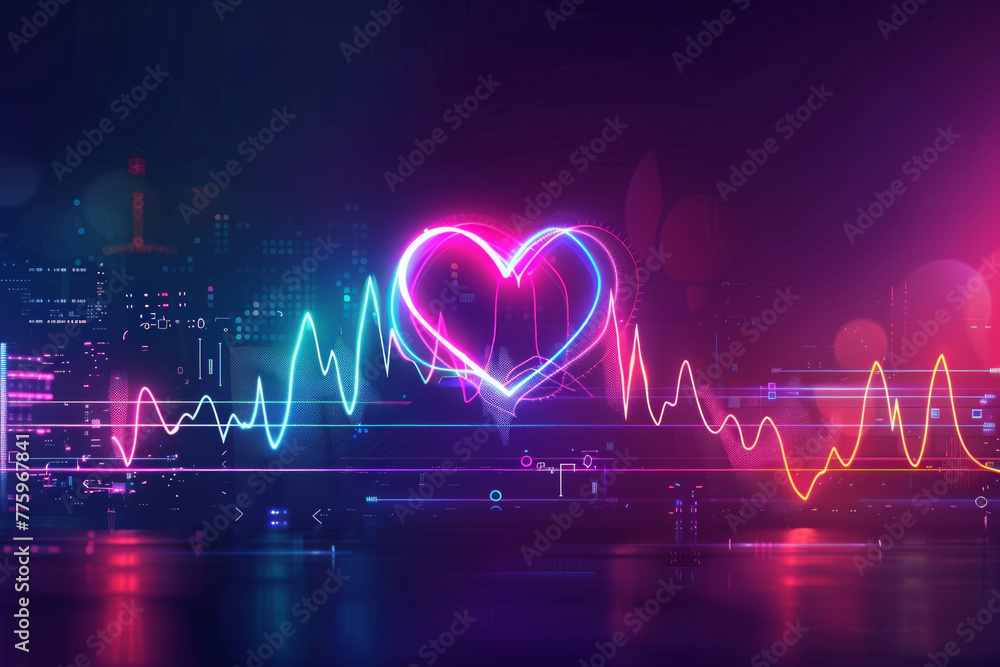 A heartbeat chart with a love symbol, vibrant neon light style Stock ...