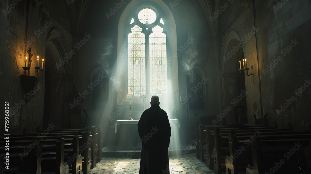 A somber priest stands contemplatively before an altar in a dimly lit ...