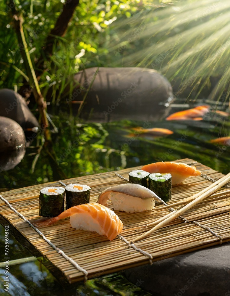 Delicate sushi pieces and rolls artfully arranged on a bamboo mat, set ...