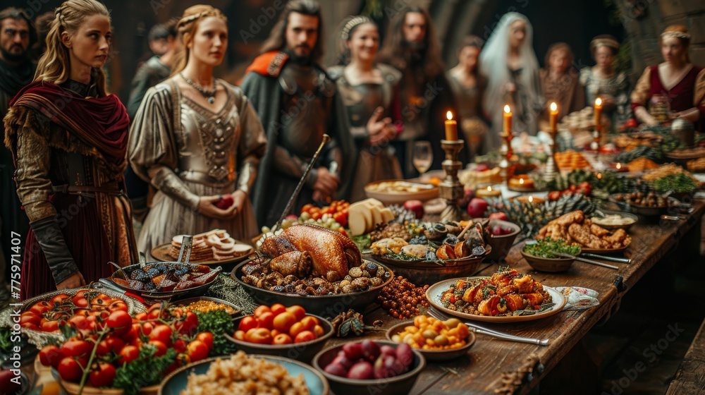 Medieval Banquet: Photograph a lavish banquet table with noble guests ...
