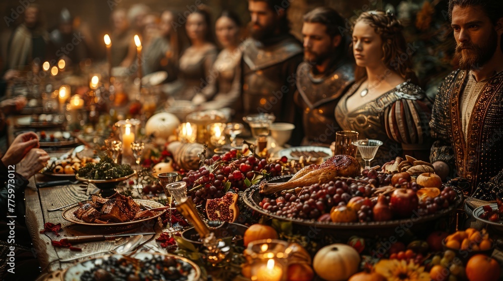 Medieval Banquet: Photograph a lavish banquet table with noble guests ...