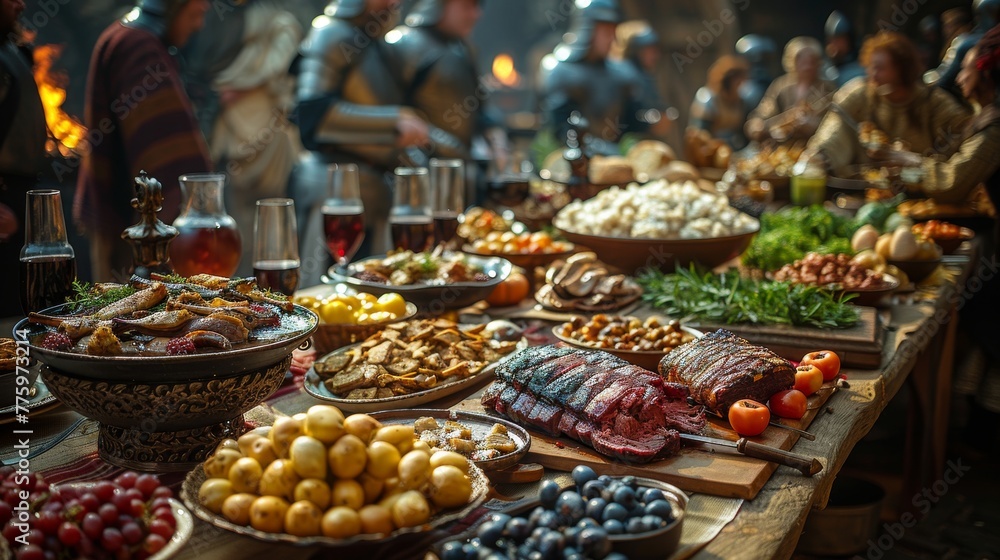 Medieval Banquet: Photograph a lavish banquet table with noble guests ...