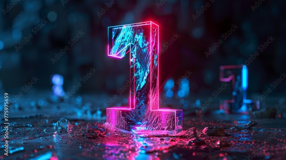 Digital symbol 1 glows in the dark with pink blue neon light. 3D render ...