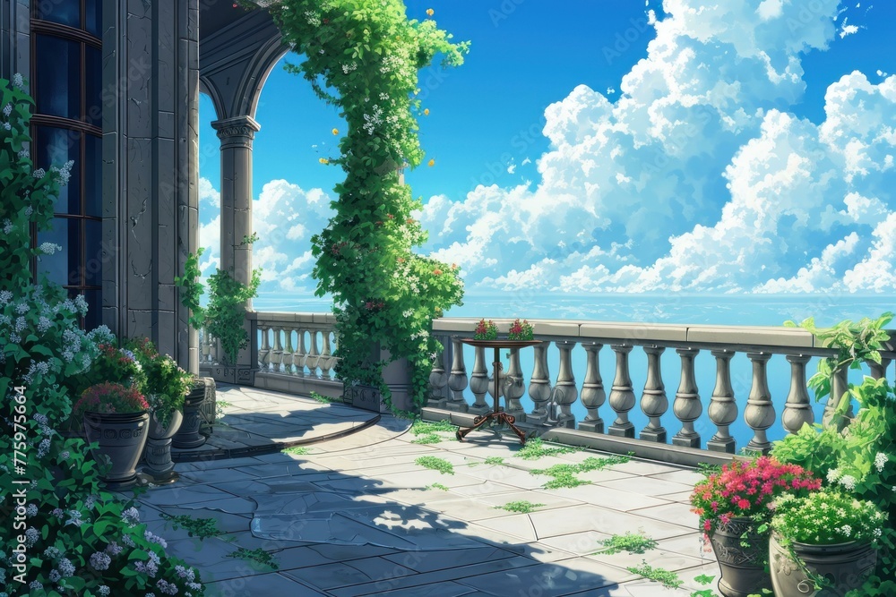 Captivating Balcony landscape anime visual novel game. Patio design ...