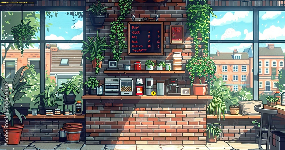 luxury cozy business club meetup and breakfast at cafe 8-bit style ...