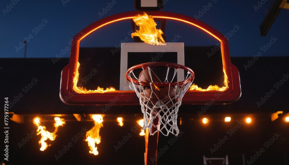 A basketball hoop stands ablaze with flames under a dark sky, creating ...