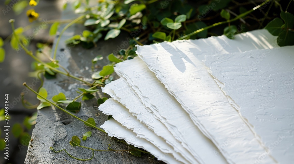 Handmade paper with deckled edges, each sheet unique, set against a ...