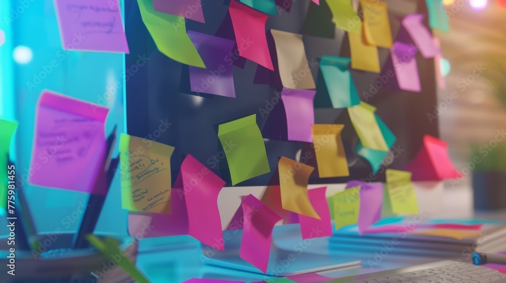 Bright and playful sticky notes, their edges curling with messages and ...