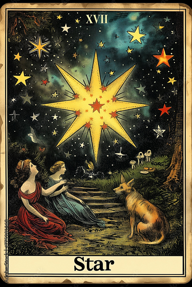 Victorian style tarot card star n.17 illuminating people in the night ...