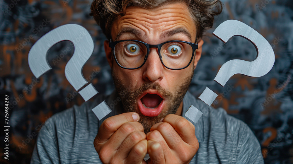 Surprised man with glasses holding question marks, concept for ...