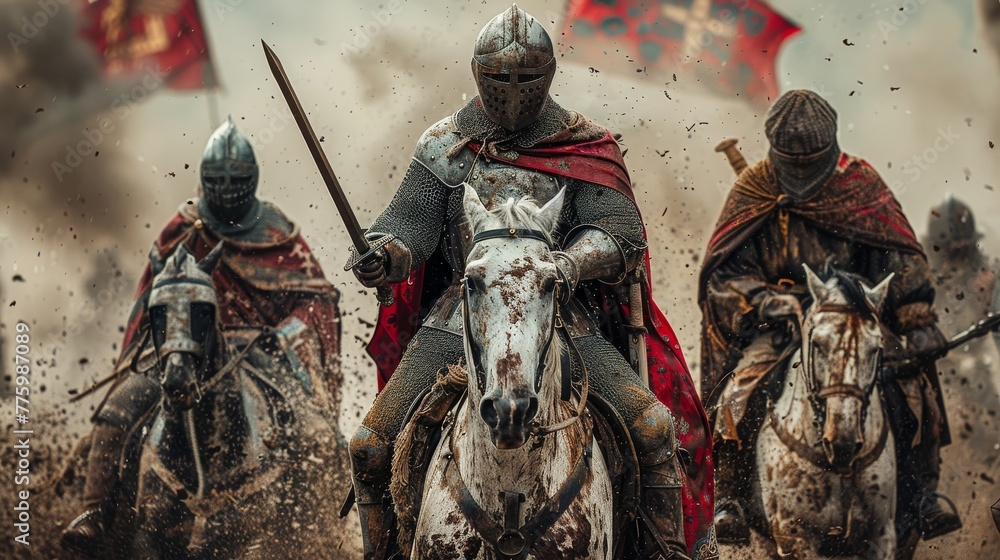 Medieval Battle: Illustrate a fierce battle scene with armored knights ...