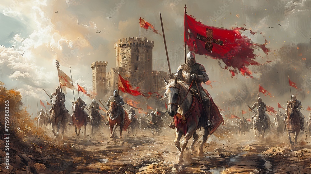 Medieval Battle: Illustrate a fierce battle scene with armored knights ...