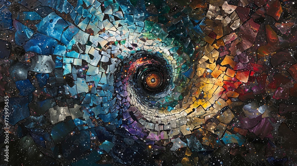shattered stained glass painting of many spiralled tiny galaxies, helix ...