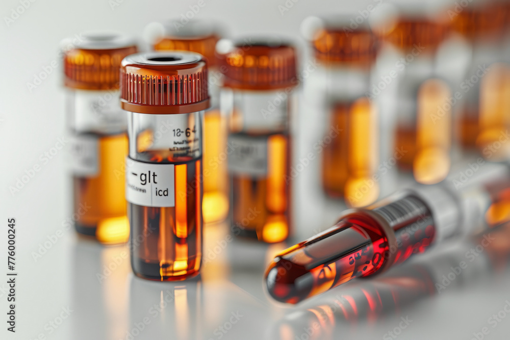 A collection of urine sample vials backlit with a soft glow, a focused ...