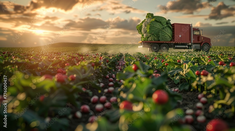 Vegetable field with a box truck transporting vegetables (cabbage ...