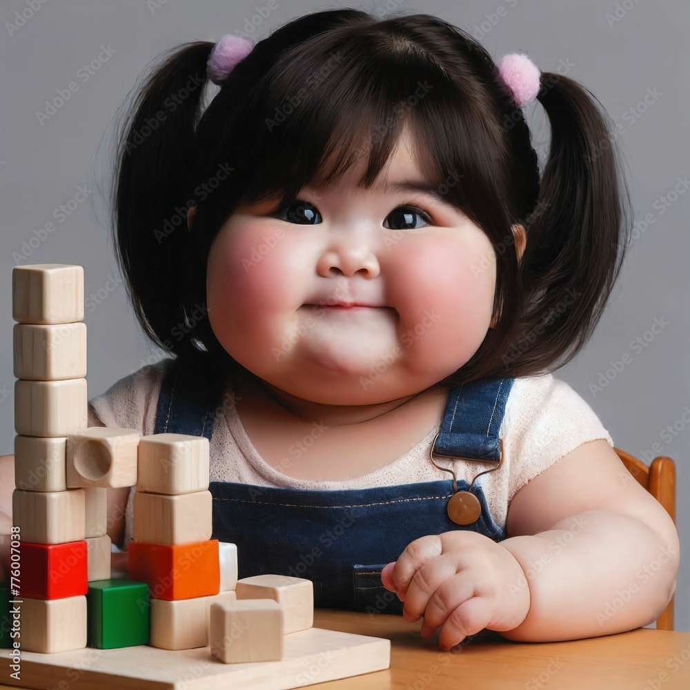 Overweight child little girl plays with colored wooden building blocks ...
