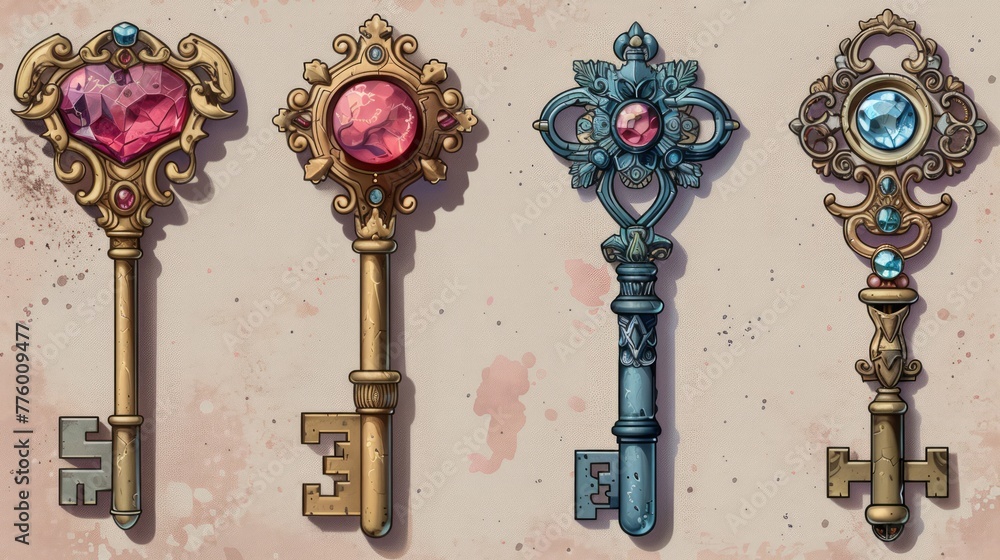 Set of vintage keys with different symbols and precious stones ...