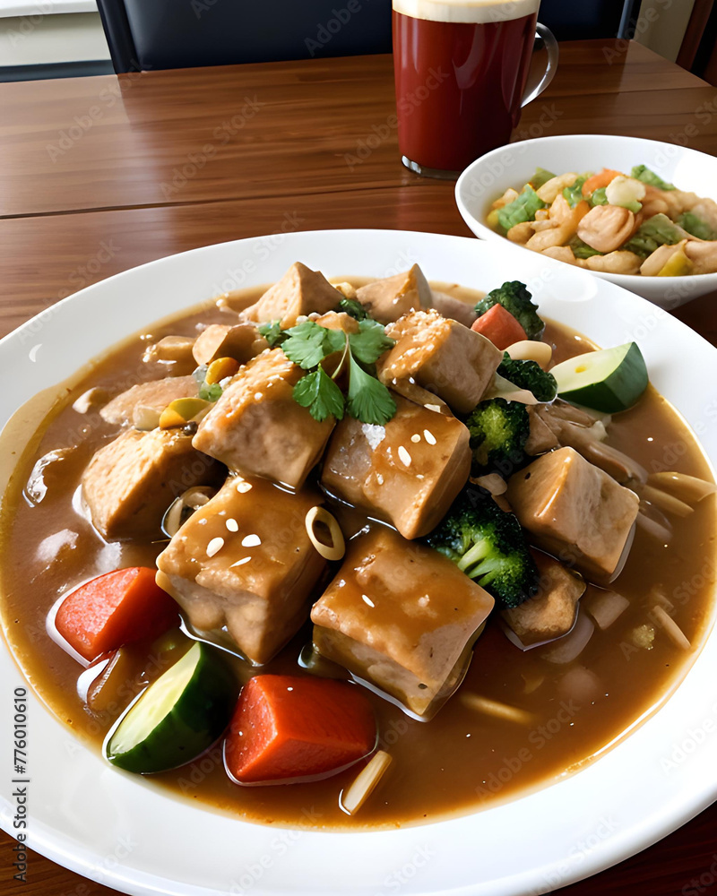 Un acercamiento a un delicioso estofado de gallina cortada en cubos ...